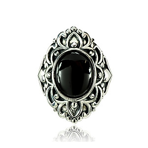 Ice Gems Sterling Silver Simulated Onyx Oxidized Bali Inspired Vintage Oval Ring, Size 7