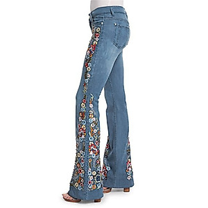 Women's Embroidery Destoryed Flare Jeans Button Waist Bell Bottom Summer Casual Trouser Comfortable Denim Pants（Light Blue,XX-Large）