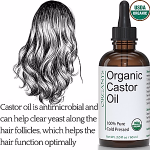 Organys Organic Castor Oil 2oz, For Longer Fuller Thicker Looking Hair Eyelashes & Eyebrows Enhances The Appearance Of Natural Lash & Brow Growth. Serum Comes With Eyeliner & Mascara Brushes