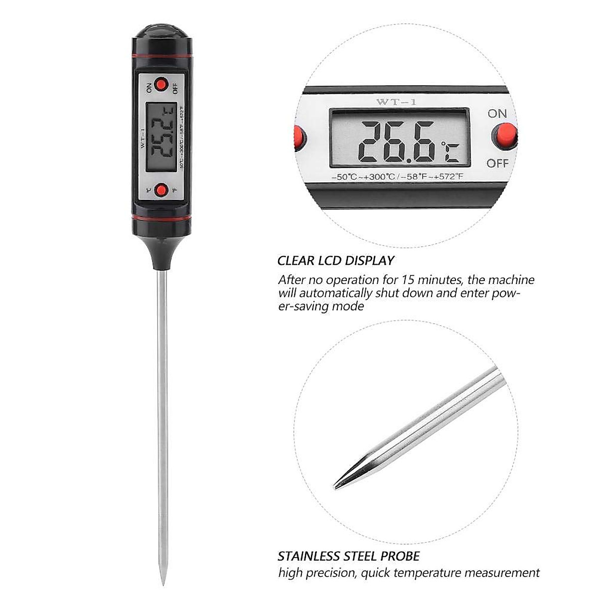 Digital Meat Thermometer, Akozon WT-1 Instant Read Digital Thermometer Probe Electronic Kitchen BBQ Food Meat Temperature Gauge Tester for Grilling BBQ Smoker Chefs
