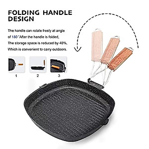 Aroplor Steak Non-Stick Frying Pan With Folding Handle Pot 11-inch Square Griddle Pans Steak Bacon Baking Tool Easy To Clean Wooden Handle