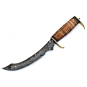Skokie Knives Custom Hand Made Damascus Steel Hunting Knife Handle Stacked Leather With Double Brass Double Clip