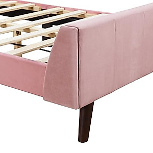 HBRR Twin Size Bed Frame Velvet Upholstered Platform Bed with Headboard and Strong Wooden Slats, Mattress Foundation, No Box Spring Needed, Easy Assembly, Pink