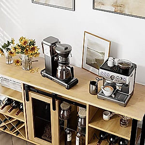 Senfot Wine Bar Cabinet, Farmhouse Wood Coffee Bar Cabinet with Wine Rack for Liquor and Glasses, Industrial Sideboard Buffet Cabinet for Kitchen (55 Inch, NAT-Brown)