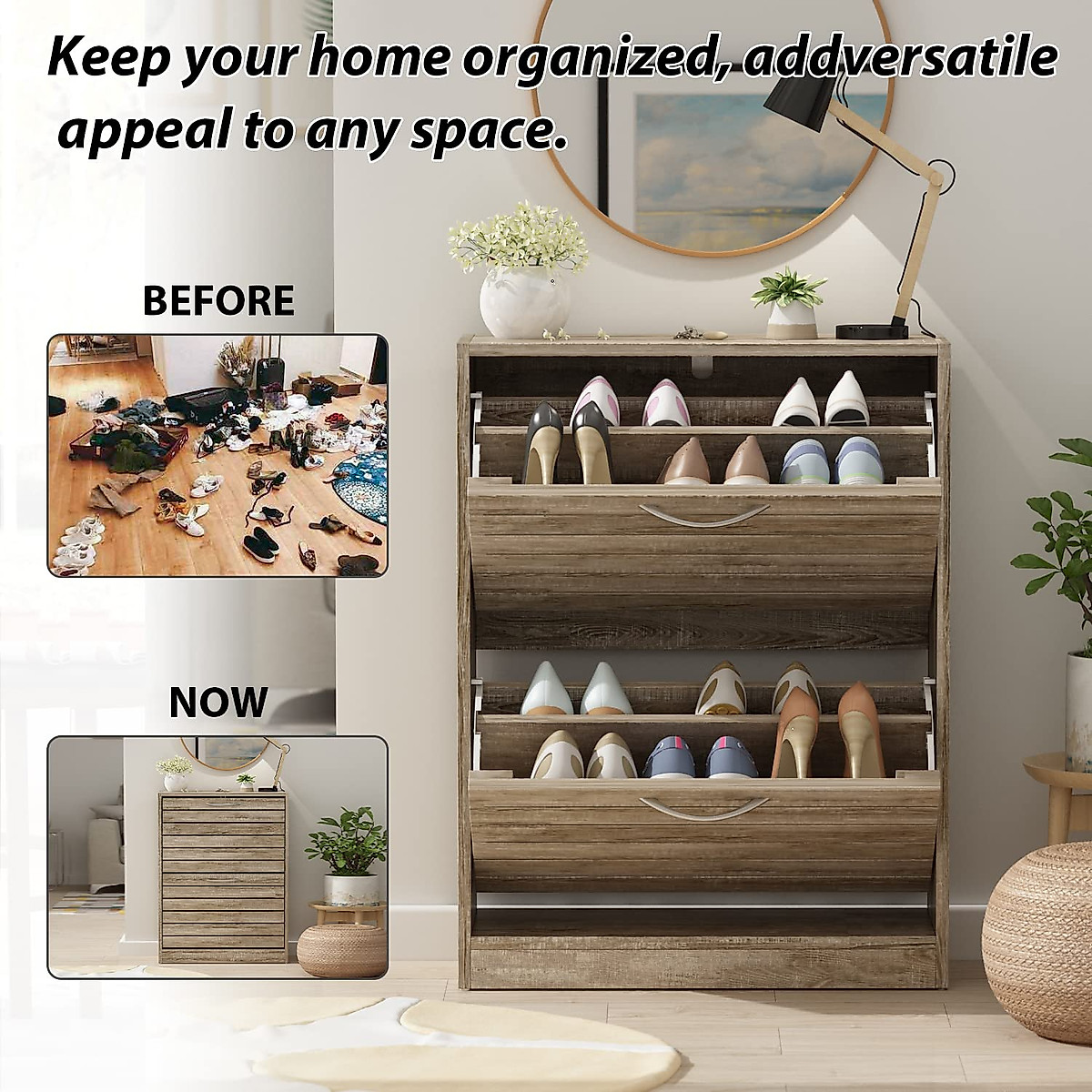 FUFU&GAGA Shoe Storage Cabinet with 2 Flip Drawers for Entryway, Modern, Freestanding Rack Organizer (22.4”W x 9.4”D x 29.5”H) (Light Brown)