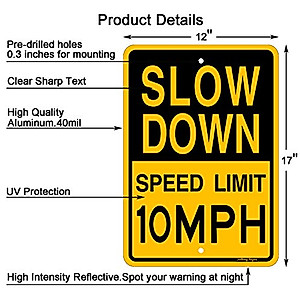 Joffreg Slow Down Speed Limit 10 MPH Sign,17 x12 Inches,Reflective Aluminum (2 Pack)