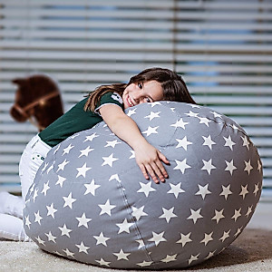 Wekapo Stuffed Animal Storage Bean Bag Chair Cover for Kids | Stuffable Zipper Beanbag for Organizing Children Plush Toys Large Premium Cotton Canvas (Grey star, X-Large)
