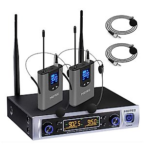HOTEC UHF Dual Wireless Microphone System with Lapel Lavalier and Headset Microphones Over PA, Mixer, Speaker, Karaoke Machine for Church, Training, Classroom, Interview (H-K25)