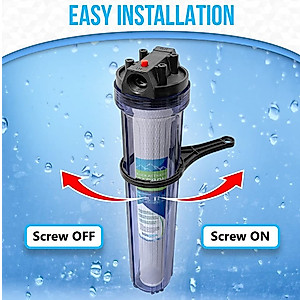 20 x 2.5-Inches Transparent Slim Whole House Water Filter Purifier System with Presser Relief Button, 1” Inlet/Outlet Port & Yearly Supply (3) Coconut Shell Activated Block Carbon Cartridges 5 Micron
