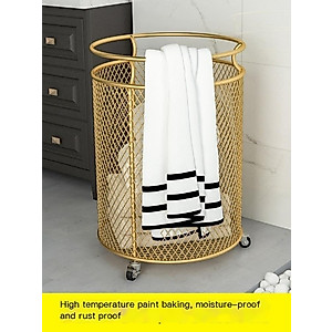 YDKJWB Metal Laundry Basket with Wheels, Round Mesh Dirty Clothes Hamper, Gold/Black/White Laundry Hamper, Storage Basket for Bathroom, Laundry Room, Living Room, Bedroom (Color : Gold)