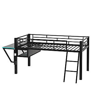Linique Twin Size Gaming Loft Bed with Desk, LED and Staircase, Metal Loft Bed Frame with Vented Mesh Undercarriage Storage, Black