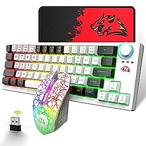 FELICON Small Wireles Gaming Keyboard and Mouse Combo, Rechargeable RGB Backlit 64 Keys Mini Double Color Keyboard and Crack Light Up Mouse, Mouse Pad for PC, MAC, Gamer
