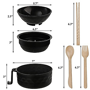 Okllen 2 Pack Microwave Ramen Cooker Bowl, Ramen Bowl with Lid Chopsticks Fork Spoon, Wheat Straw Instant Noodle Bowl for College Dorm Room Apartment, Essentials for Girls, Boys, Black and Beige