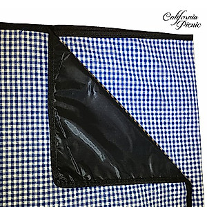 Picnic Basket Set - 2 Person Picnic Hamper Set - Waterproof Picnic Blanket Ceramic Plates Metal Flatware Wine Glasses S/P Shakers Bottle Opener Blue Checked Pattern Lining Picnic Set | Picnic Tote