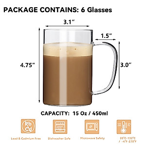 Trwcrt 15 oz Glass Coffee Mug Set of 6, Clear Coffee Mugs with Handle for Hot Beverages, Large Wide Mouth Glass Cup for Latte, Cappuccino, Hot Chocolate, Tea and Juice