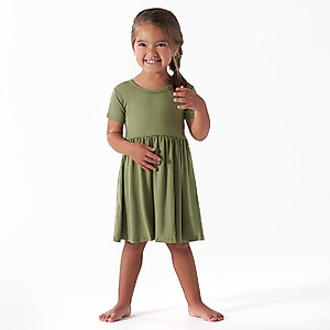 Gerber Baby Girls Toddler Buttery Soft Short Sleeve Twirl Dress with Viscose Made from Eucalyptus, Olive, 3T