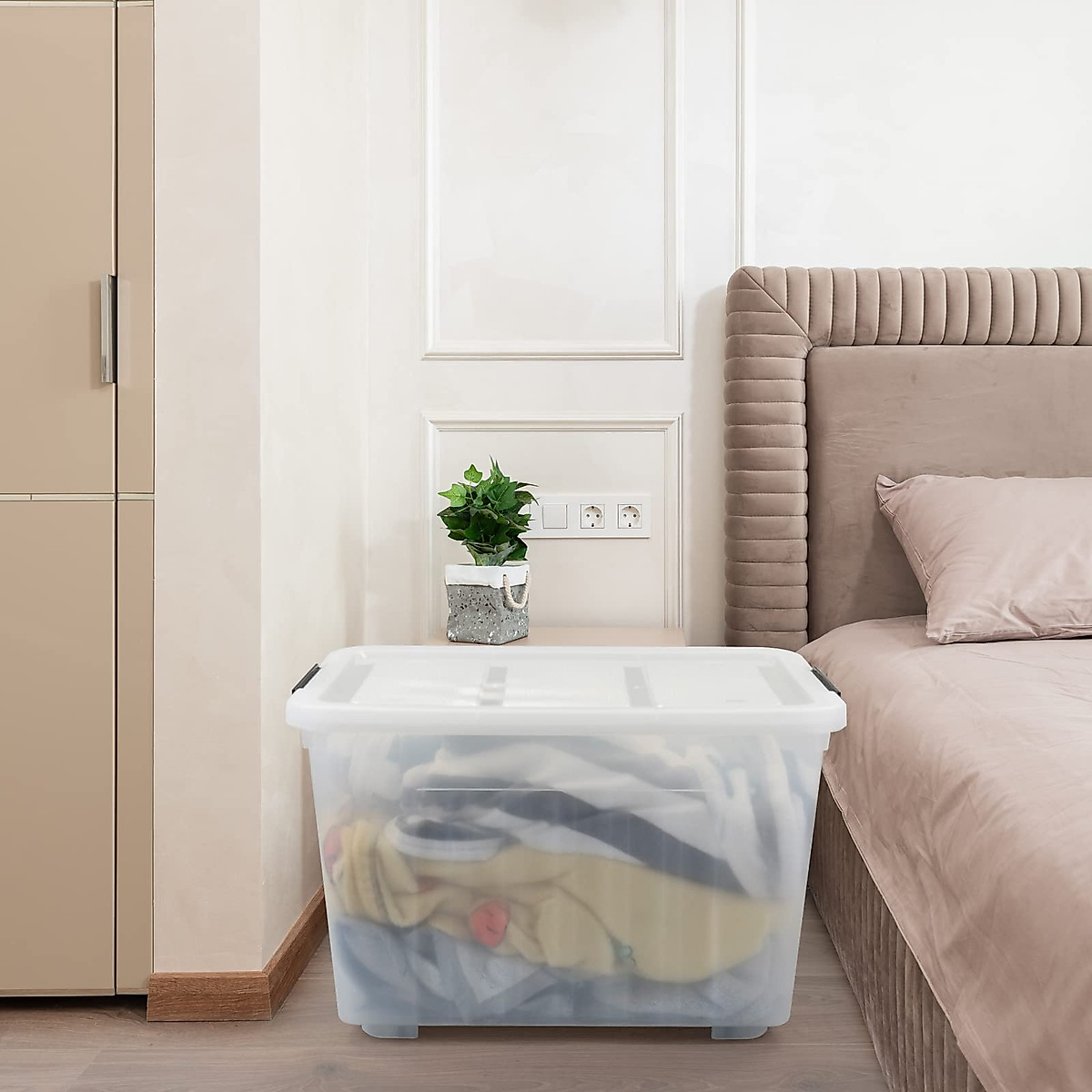 Yesdate 4-Pack Clear Large Plastic Storage Box with Wheels, 70 L Latching Storage Box