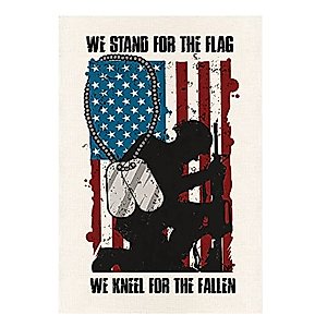 MONORD Memorial Day American Flag Soldier Military Dog Tags We Stand for the Flag We Kneel for the Fallen Garden Flag Vertical Double Sided, Patriotic Veterans' Day Yard Outdoor Decor 12 x 18 Inch