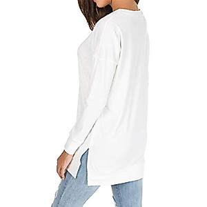 levaca Womens Fall Long Sleeve Sweatshirt Side Split Loose Casual Tunic Tops White L