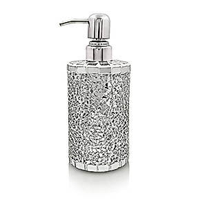 LushAccents Bathroom Accessories Set, 4-Piece Decorative Glass Bathroom Accessories Set, Soap Dispenser, Soap Tray, Jar, Toothbrush Holder, Elegant Silver Mosaic Glass