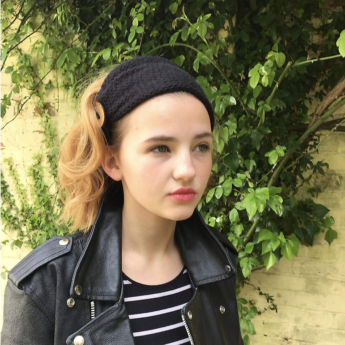 Handmade Black Knitted Wool Headband Ear Muffs with Coconut Button