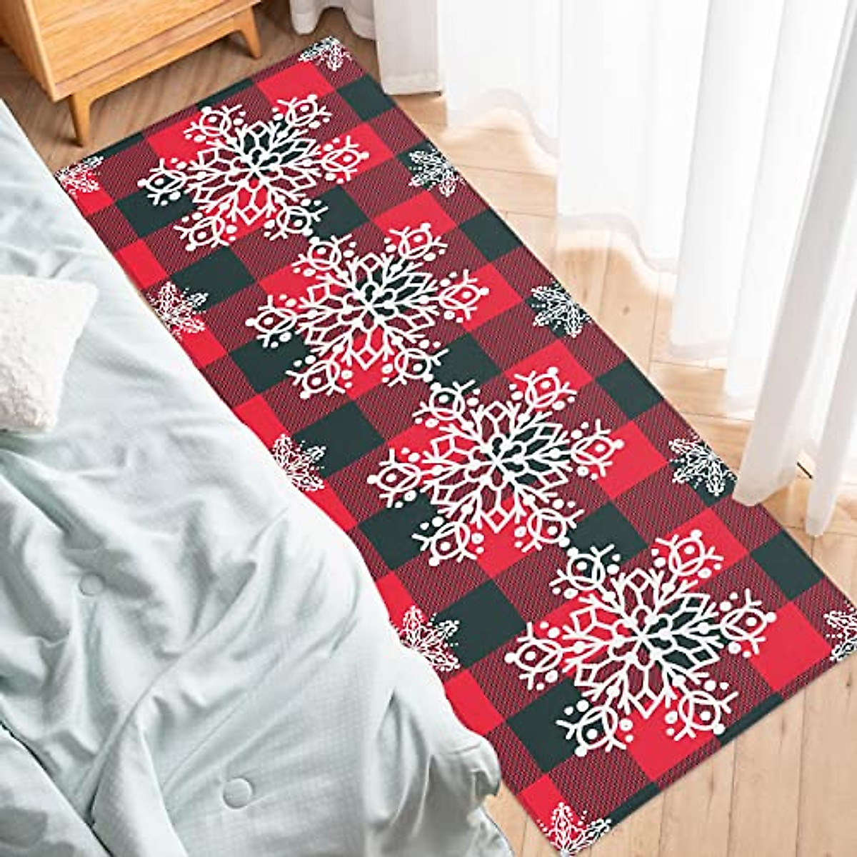 Kitchen Mats fo Floor, Merry Christmas Snowflake Red Black Buffalo Check Plaid Backed Rubber Dots Rugs,Non Slip,Absorbant Runner Rugs for Hallway Entryway,Kitchen,Laundry 1 pcs 23.6x70.9 Inch