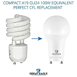 Great Eagle GU24 Led Bulb - A19 Shape, 9W (60W Equivalent), Dimmable, 2700K Warm White, UL Listed, Twist-in Light Bulb, 2 Prong Light Bulbs (4-Pack)