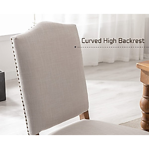 EALSON Farmhouse Dining Chairs Set of 2 Upholstered Dining Room Chairs with Wood Legs and Nailhead Trim Mid Century Modern Kitchen Chairs with High Back Padded Parson Chairs, Linen Beige