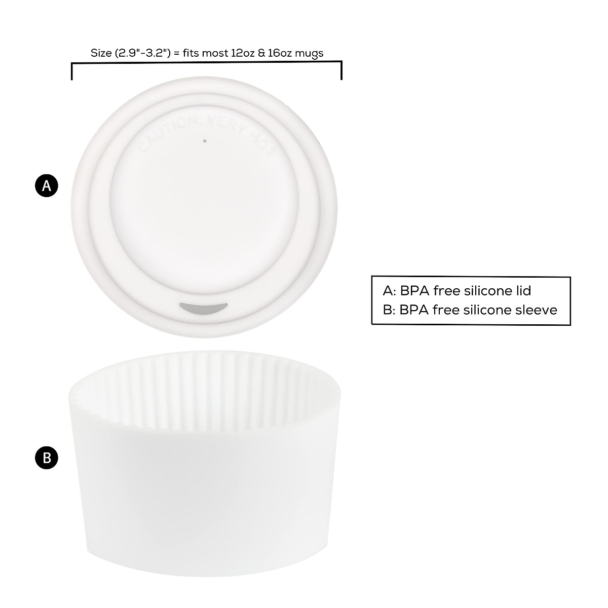 Nova Ceramics Tumbler Lid and Cup Sleeve Combo – Mug Cover Replacement, Silicone Lids for Cups Lid and Coffee Koozie, Reusable Silicone Coffee Sleeves for Mugs, White