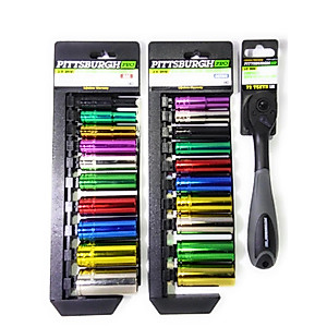 SAE/METRIC Deep Wall Color Coded Socket Sets With Composite Ratchet BUNDLE (3/8")