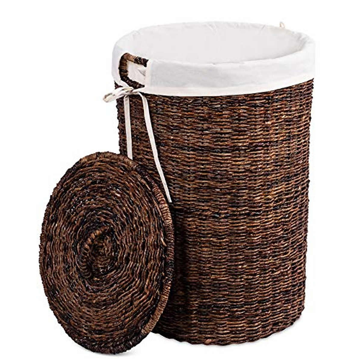 BirdRock Home Abaca Laundry Hamper with Liner - Round Clothes Bin with Lid - Organize Laundry - Cut-Out Handles for Easy Transport - Includes Machine Washable Canvas Liner (Espresso)