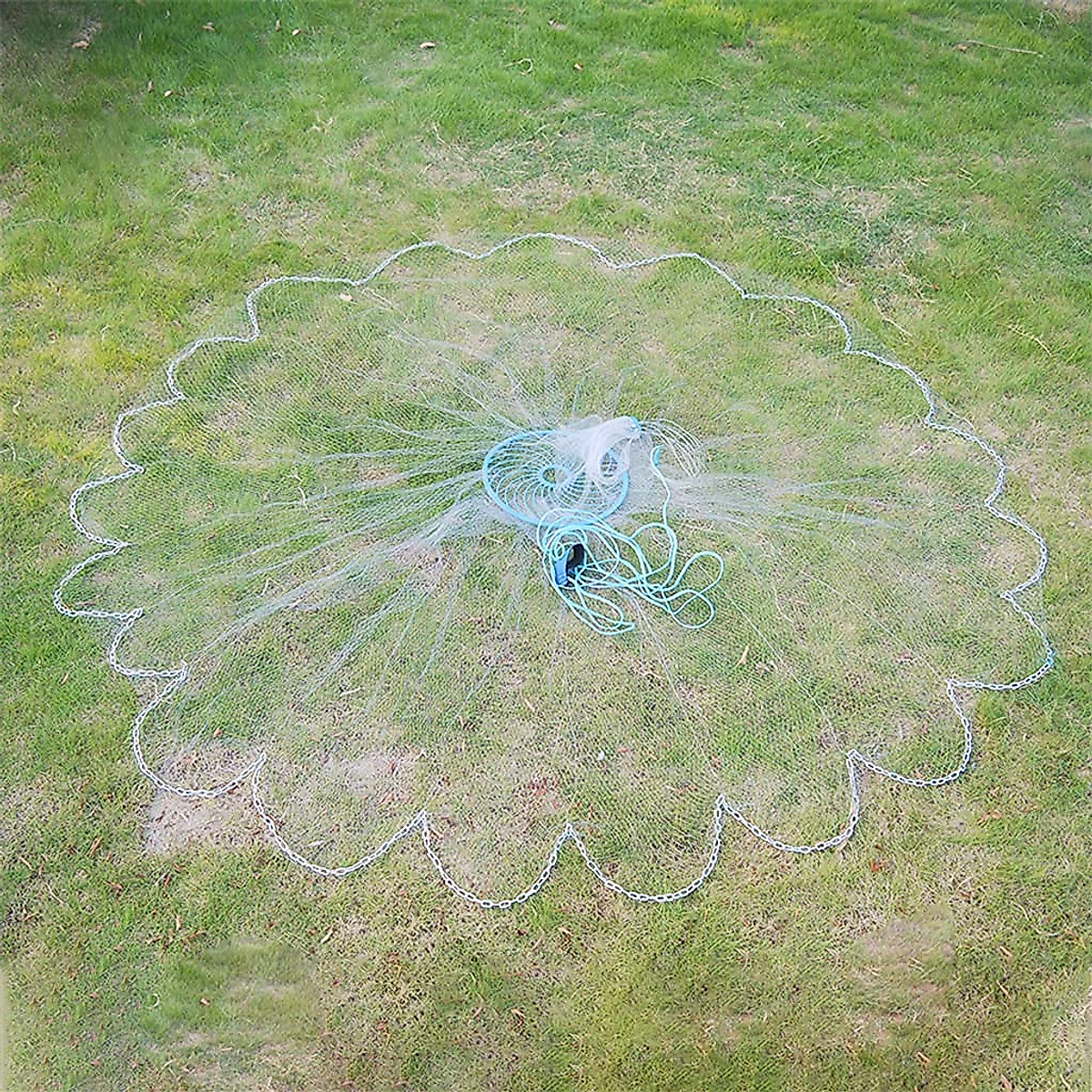 XCLOHAS Korean Fishing Cast Net with Ring Easy Throw Wide Open Casting Net for Bait Fishes 7/8/9/10/12ft Radius Freshwater Fishing Accessories (Chain Sinker Mono Nylon Line, 9ft Radius)