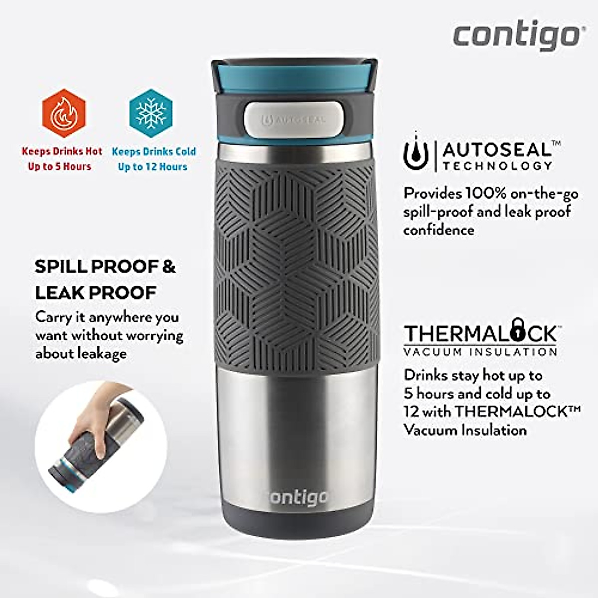 Contigo Autoseal Transit Stainless Steel Travel Mug, 16 Oz, Stainless Steel with Blue