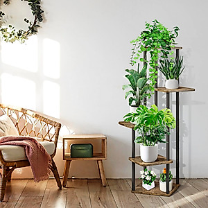 YOCOMEY 5 Tier Wood Tall Plant Stand Metal Rack Indoor, Multiple Flower Pot Holder Shelves Corner Rack, Planter Shelf Display Rack Storage Organizer for Patio Living Room Balcony Garden(Black)