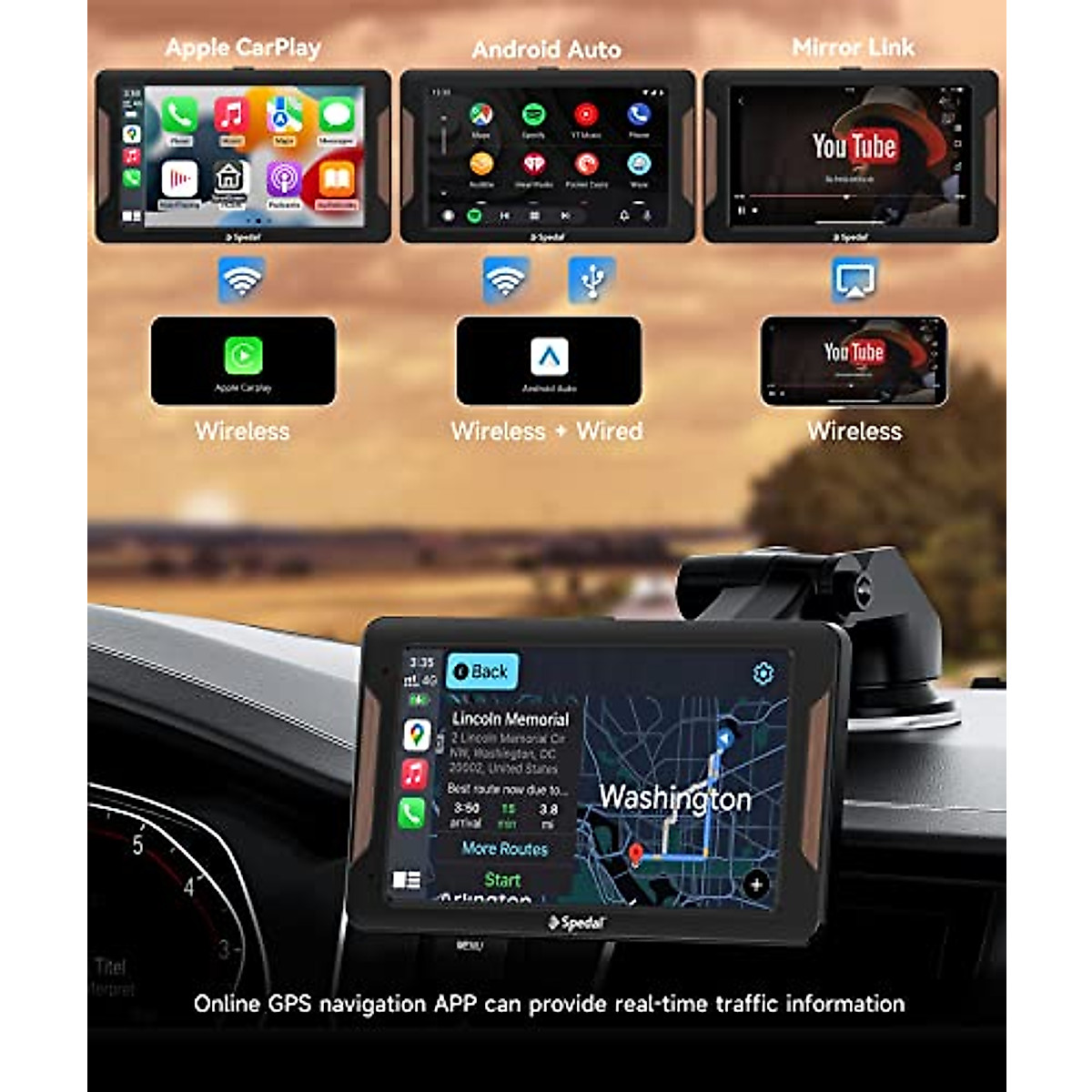 Spedal 7 Inch Wireless Apple CarPlay and Android Auto, Portable Car Stereo with Mirror Link, Multimedia Player, Bluetooth, AUX/FM, Google and Siri Assistant, Dash or Windshield Mounted