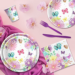 Xigejob Butterfly Party Decorations Tableware - Butterfly Birthday Party Supplies Include Plate, Cup, Napkin, Tablecloth, Cutlery, Straws, Butterfly Baby Shower Birthday Party Decorations | Serve 24