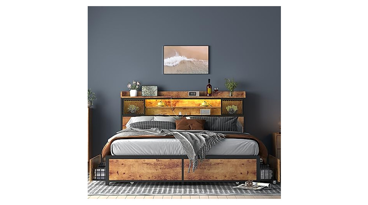 Gyfimoie Queen Bed Frame with USB Ports & Storage Drawers
