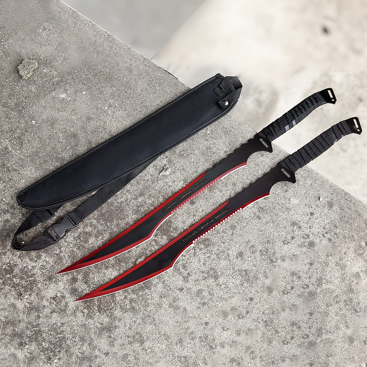 DISPATCH 2pc Ninja Tactical Twin Katana Samurai Sword Machete Fixed Blade Combat Set with Sheath for Hunting, Outdoor Camping, Survival