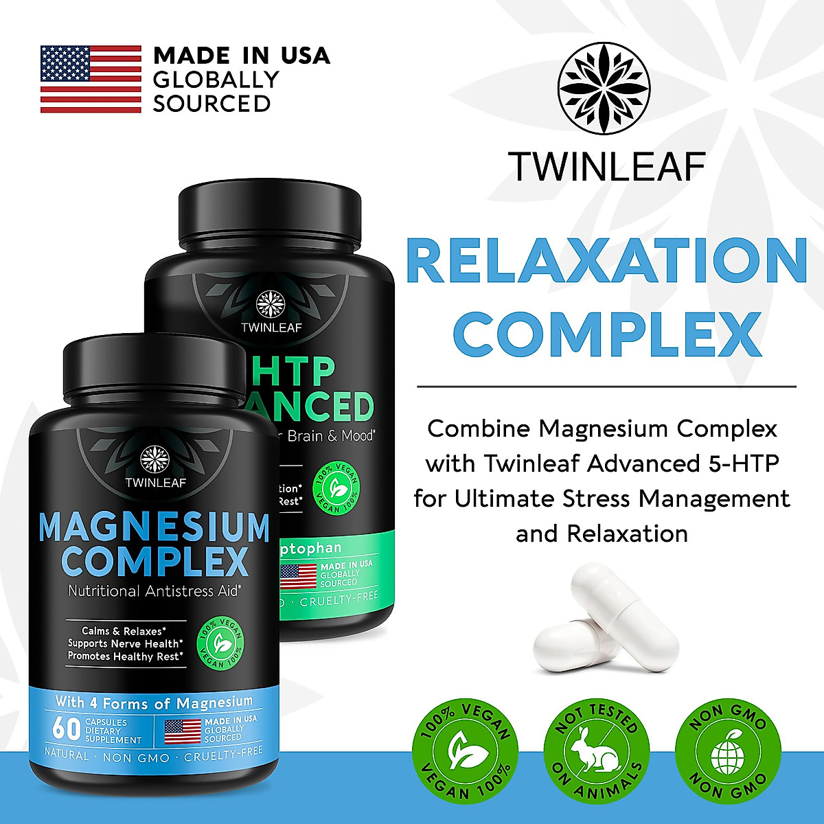 TWINLEAF Magnesium Brain Booster Made in USA - Supports Brain Health & Function as Natural Calm, Relax Aid - Nootropic Magnesium Memory, Concentration & Focus Pills That Promote Better Rest