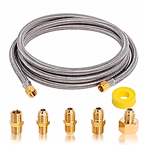 Propane Hose Extension Stainless Steel 10 Feet,3/8" Female Flare Includes 5 Conversion Coupling and Thread Tape,for RV, BBQ Grill, Propane Tank, Heater Braided Propane Gas Line