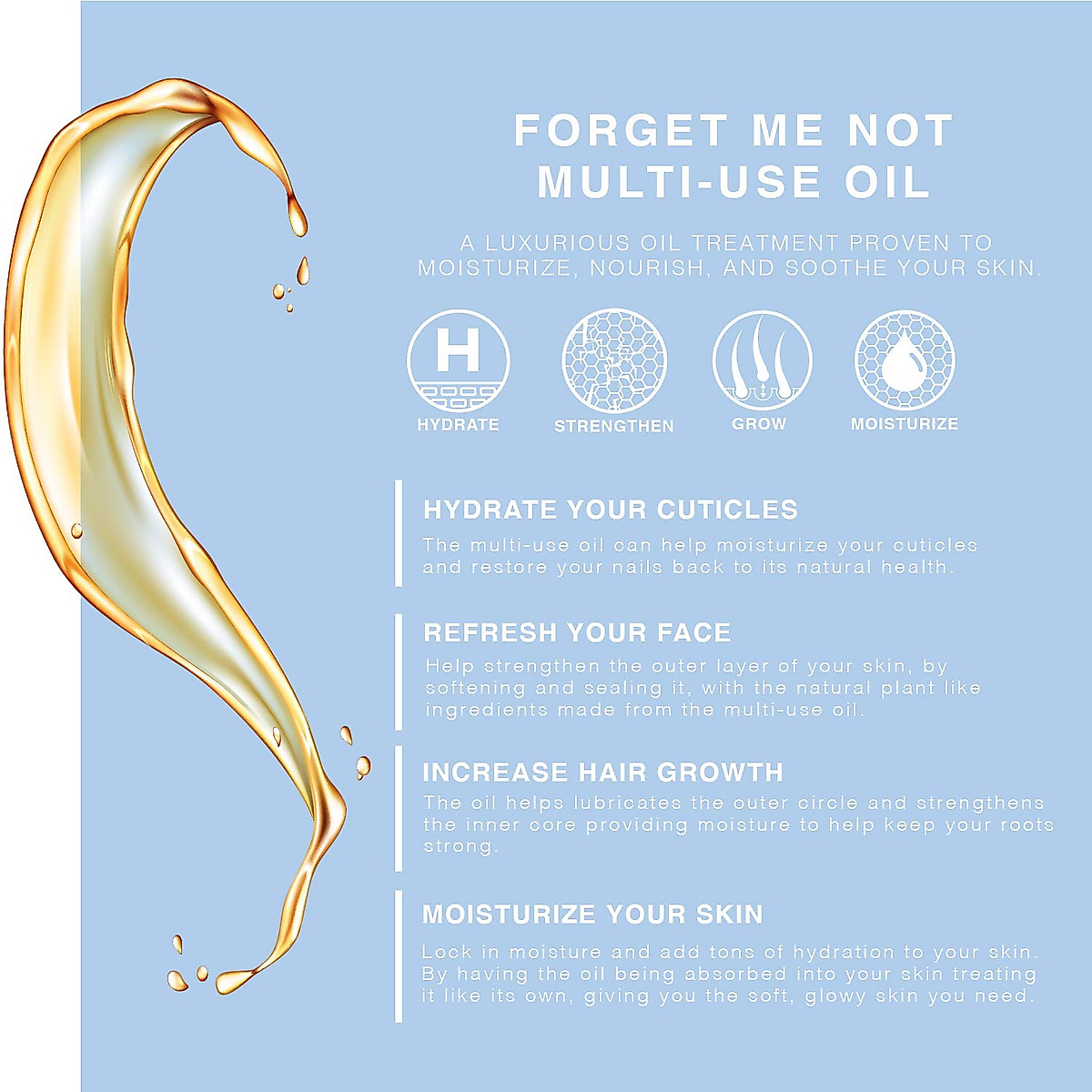 Multi-Use Oil for Face, Body and Hair - Forget Me Not - Organic Blend of Apricot, Vitamin E and Sweet Almond Oil Moisturizer for Dry Skin, Scalp and Nails - Peach, Mandarin and Green Tea - 4 Fl Oz