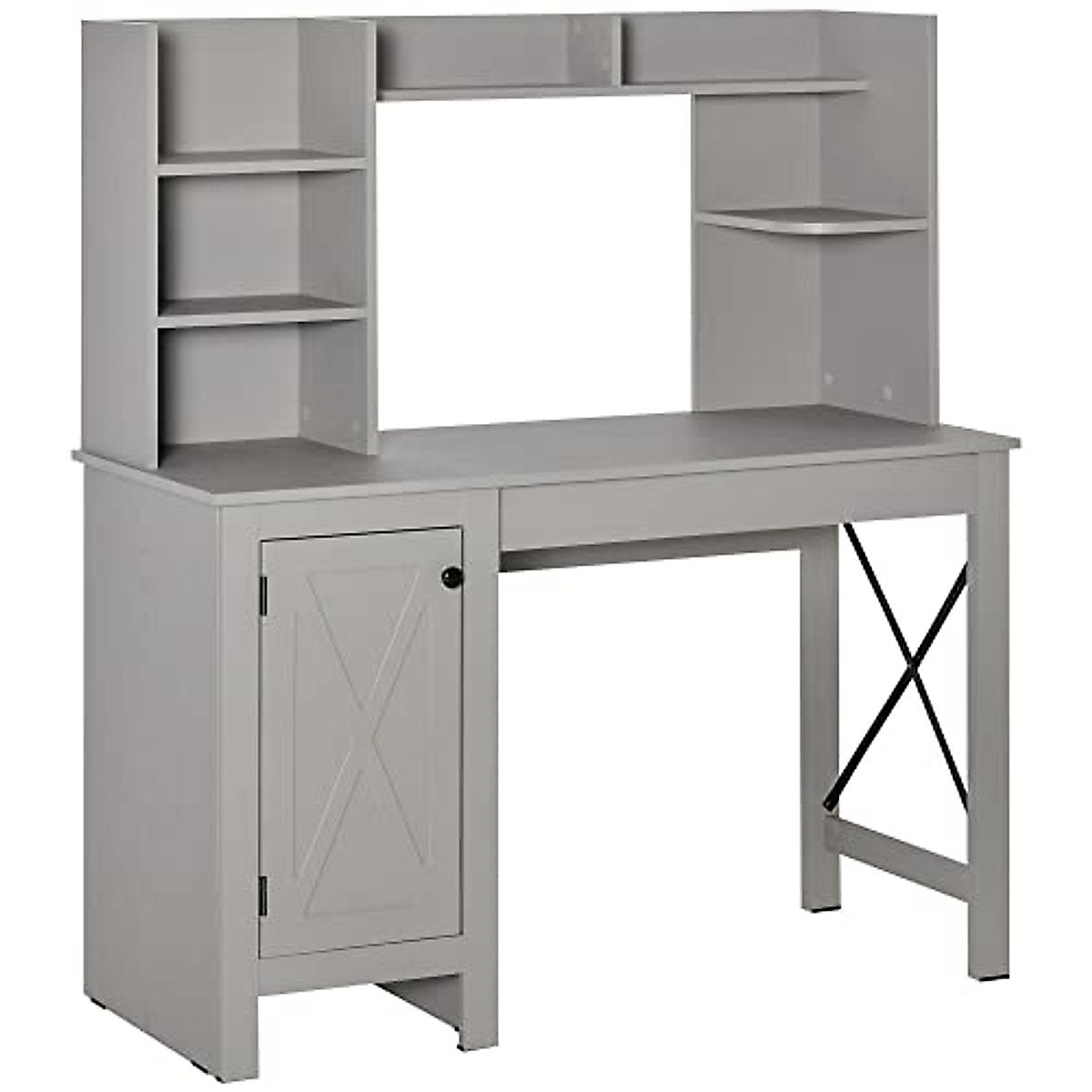 HOMCOM Farmhouse Computer Desk with Hutch and Cabinet, Home Office Desk with Storage, for Study, Light Grey