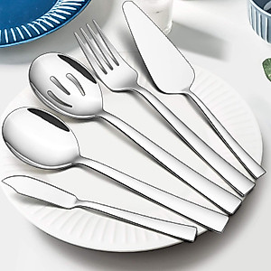 E-far 5-Piece Serving Utensils, Stainless Steel Square Edge Hostess Serving Set for Buffet Party Kitchen Restaurant, Mirror Finished & Dishwasher Safe