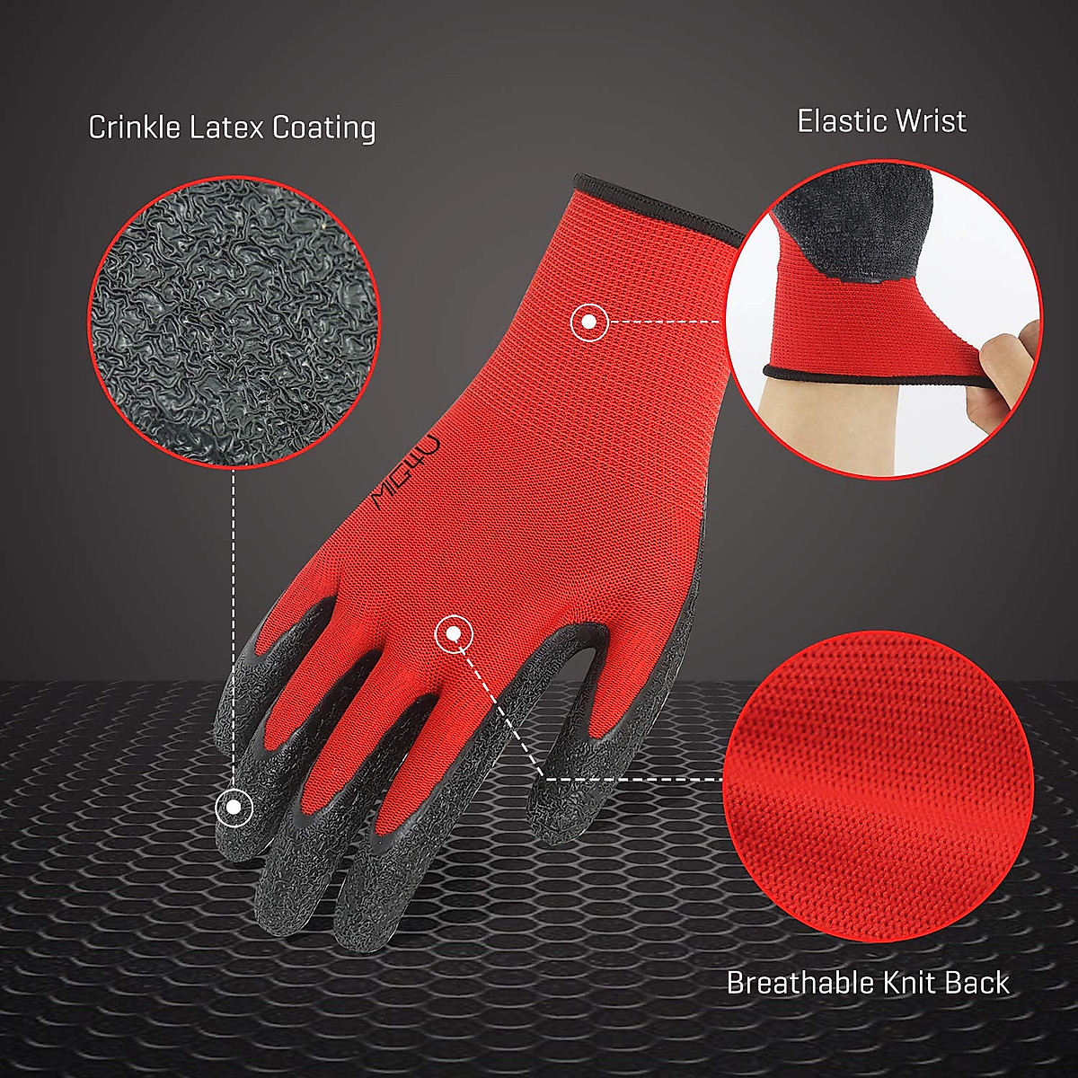 MIG4U 10 Pairs Crinkle Latex Work Gloves - Enhanced Grip for Gardening, Warehouse Package Handling - Red,X-Large