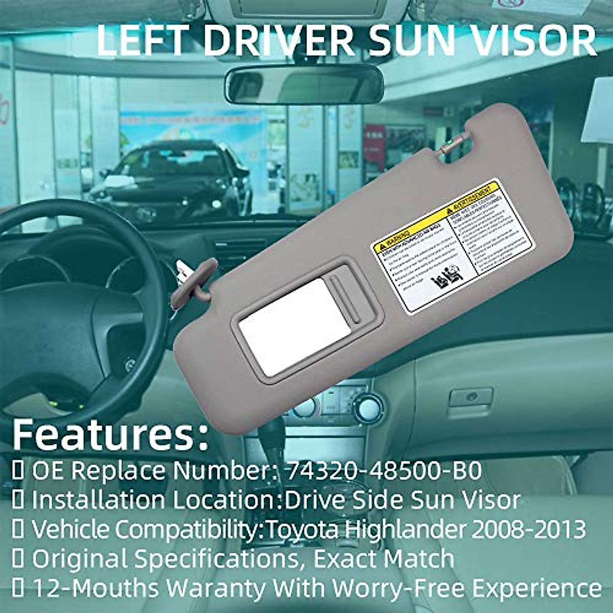 Dasbecan Front Left Driver Side Sun Visor with Light Compatible with Toyota Highlander 2008-2013 74320-48500-B0 (Gray)