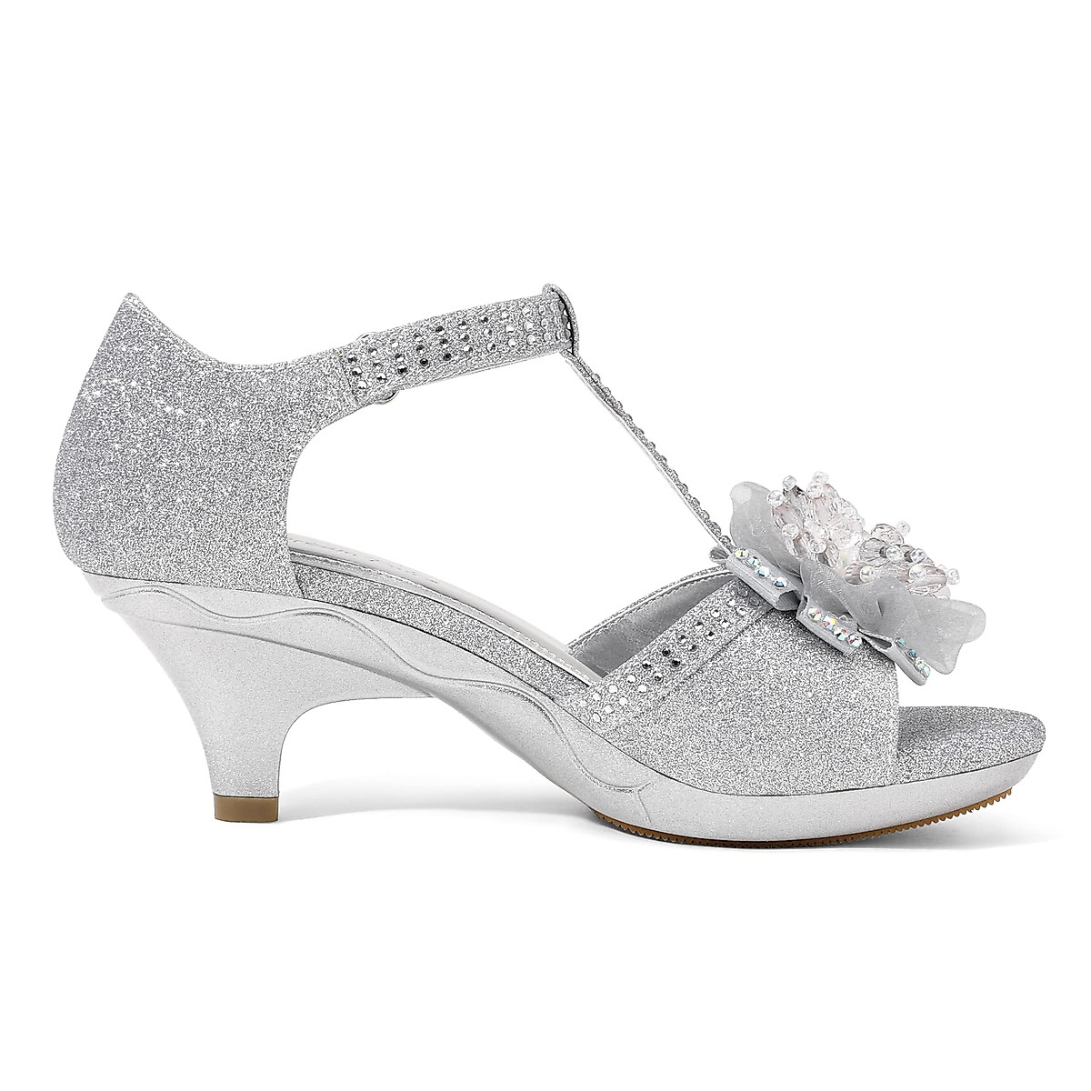 DREAM PAIRS Girls Low Heel Dress Pump Sandal Ankle T Strap Flower Silver - 2 Little Kid