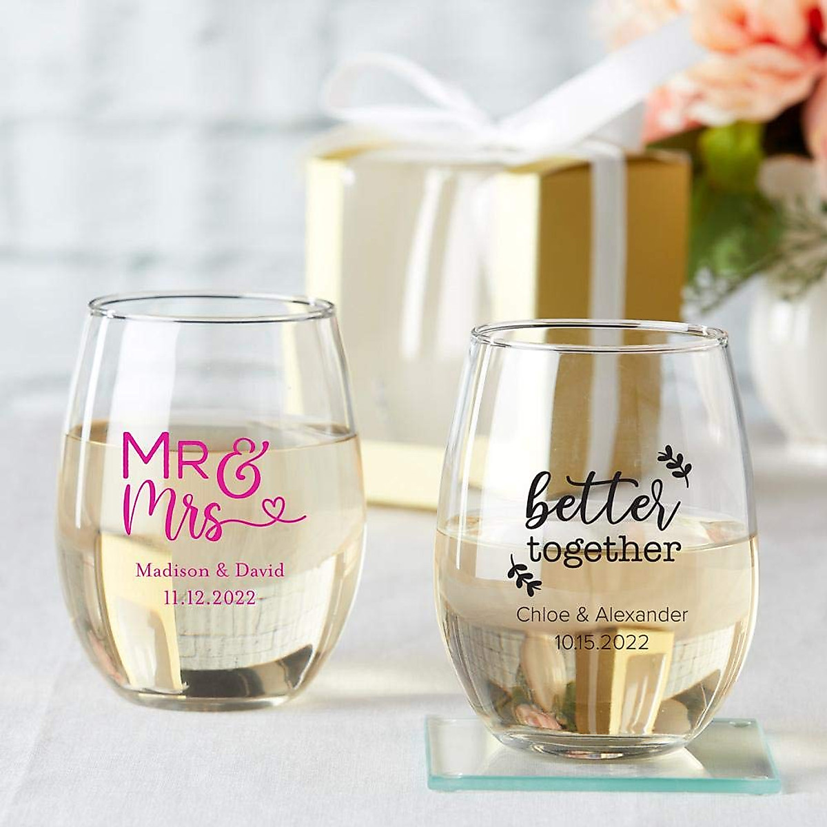 Kate Aspen 15 oz. Personalized Stemless Wine Glass - 48pcs/Silver - Custom Wedding Favors and Bridal Shower Party Favors with Customized Designs Text Lines