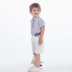 Top and Top Toddler Baby Boys Short Sleeve Button Down Blue Striped Shirts Short Pants Clothing Sets (110/4T)