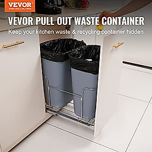 VEVOR Pull-Out Trash Can, 37Qt Double Bins, Under Mount Kitchen Waste Container with Soft-Close Slides, 44 lbs Load Capacity & Door-Mounted Brackets, Garbage Recycling Bin for Kitchen Cabinet, Grey