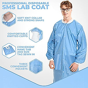MEDICAL NATION Pack of 10 Disposable Lab Coats - Blue - Durable SMS Knee Length Lab Coat Unisex, Comfortable and Easy to Wear Labcoat, For Hospitals, Pharmacies, Laboratories, Dental Clinics - MEDIUM
